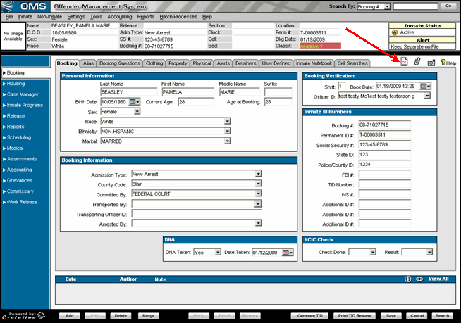 Viewing a Report Attached to an Inmate Screen